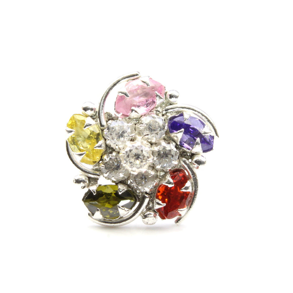 Floral Wheel Style Sterling Silver Nose pin Multi-color Stone with Pus ...